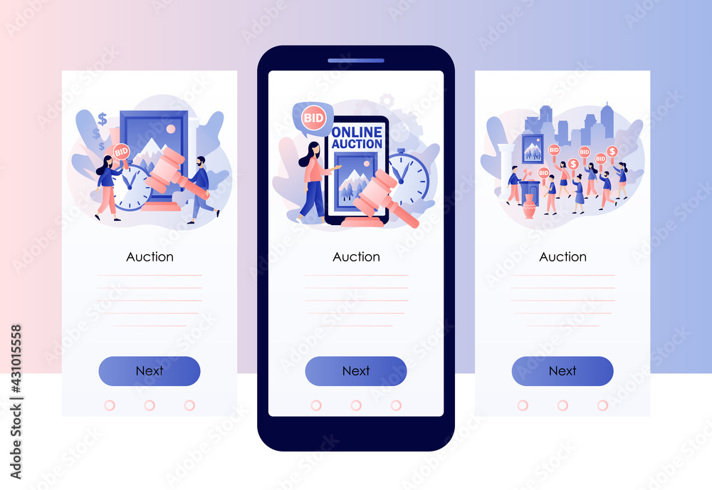 Online Auction concept. Tiny people bidder, buyer and auctioneer ...