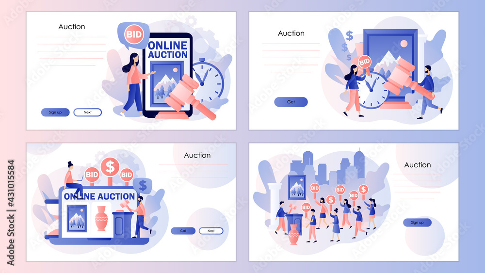 Online Auction concept. Tiny people bidder, buyer and auctioneer ...