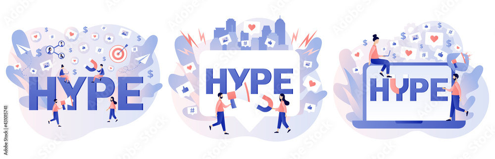 Hype marketing. Social media viral or fake content. Tiny people ...