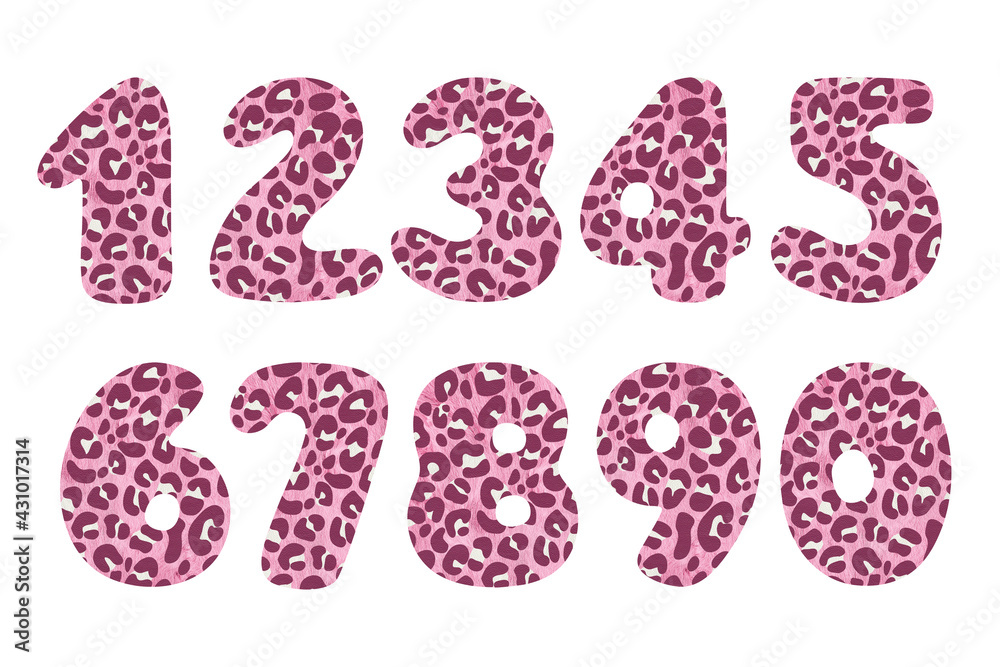 Bold numbers from 1 to 0 with furry pink leopard texture. Clip art set ...