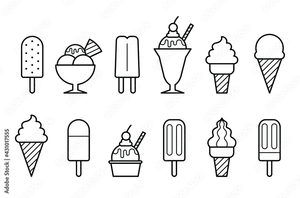Ice cream outline icons set, Simple flat design isolated on white ...