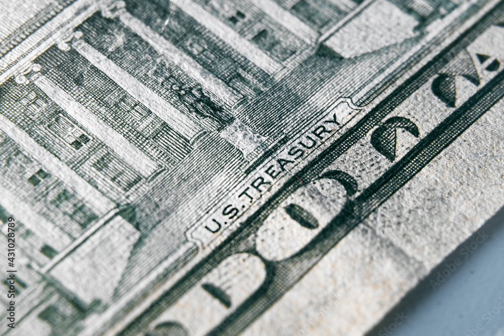 United States treasury sign on the US dollar bill. Macro photo of sign ...