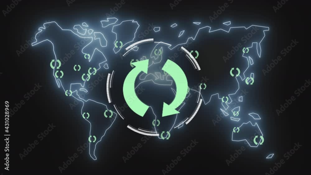 World map with recycling symbol. Digital animation. Concept ...