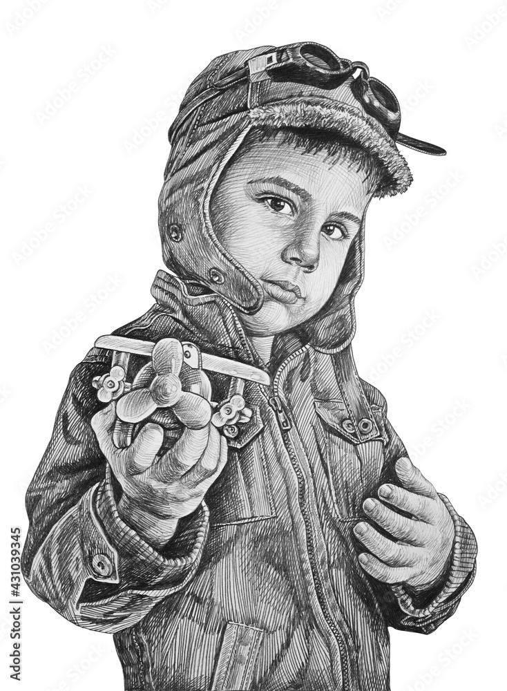 Holds a model airplane in his hands. The boy is playing pilot. Pencil ...