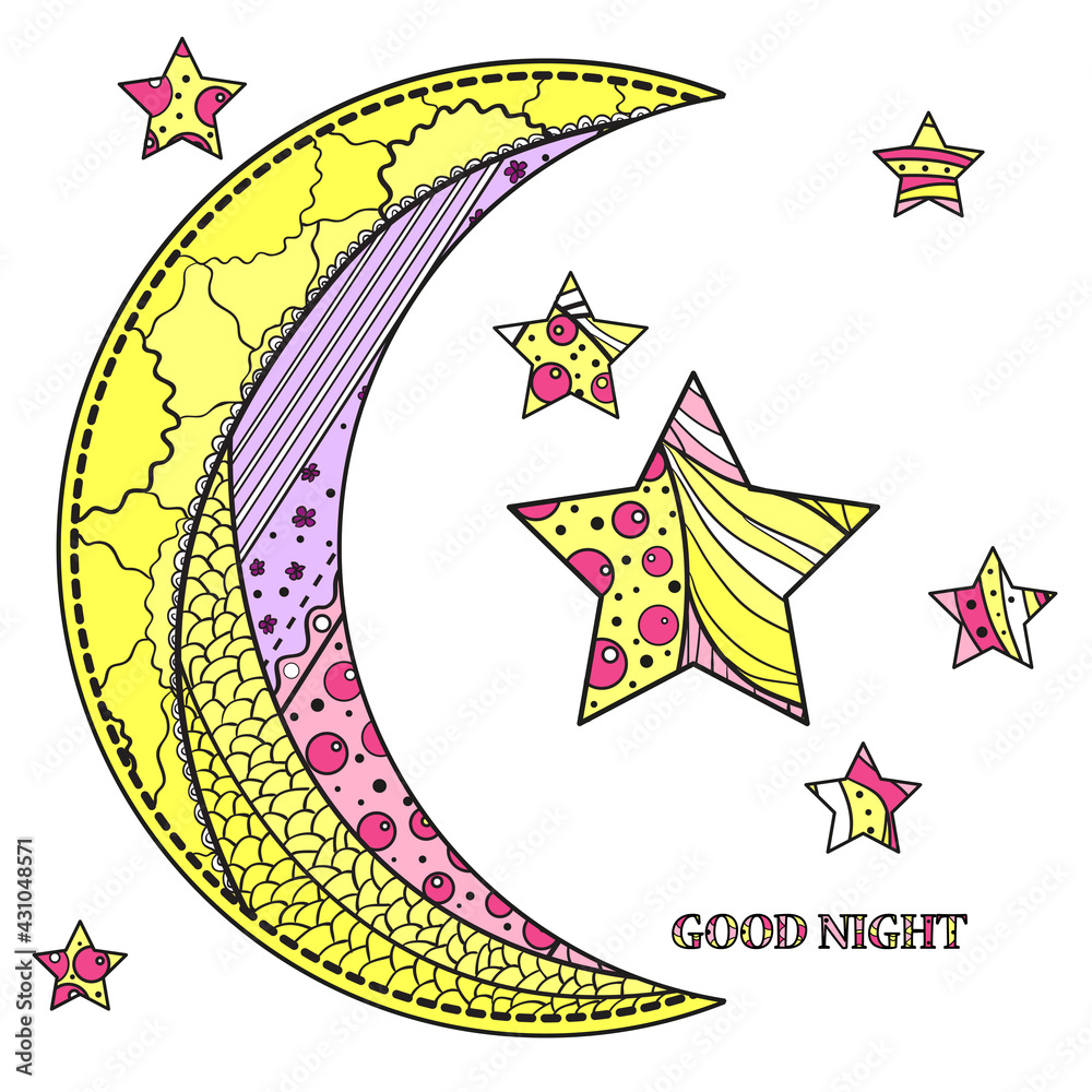 Zentangle moon and star with abstract patterns on isolation background ...