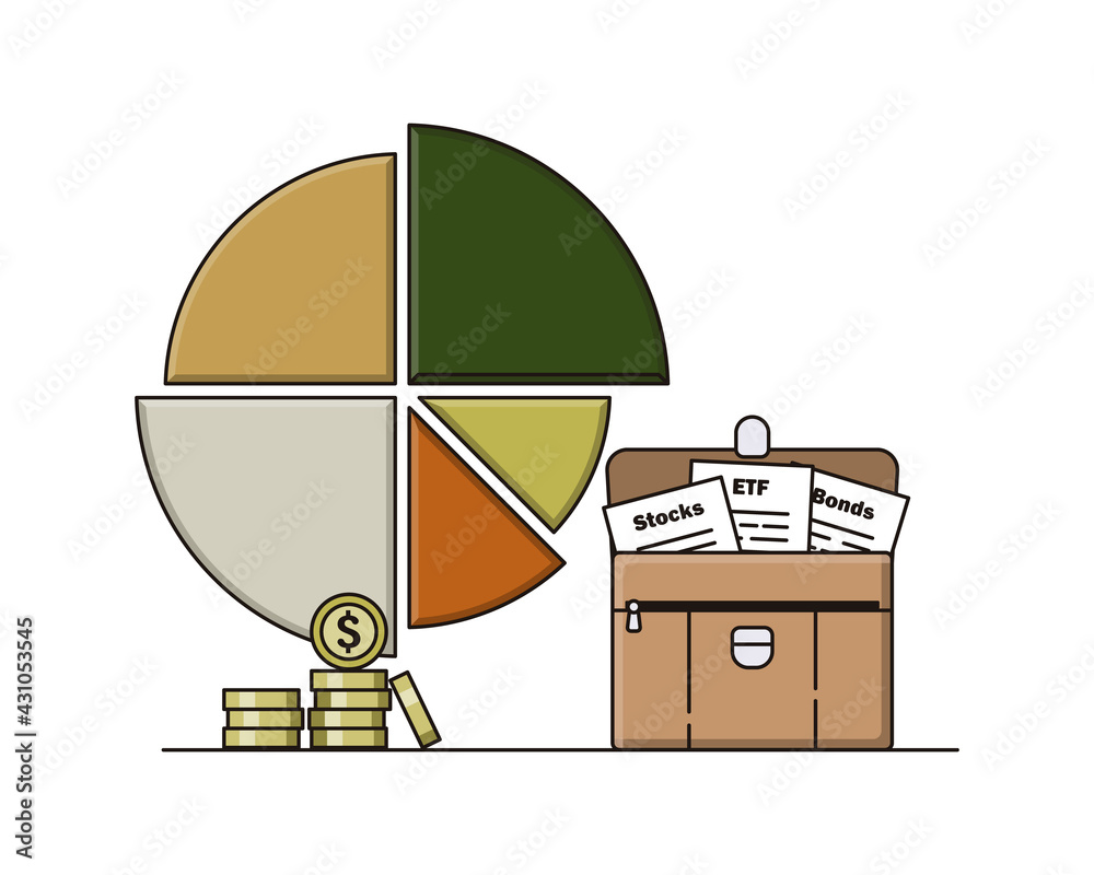 Investment portfolio with securities, pie chart, and stack of coins ...