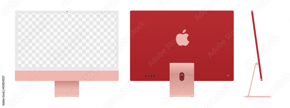 Realistic mockups of the new iMac 24 with transparent screen, pink ...