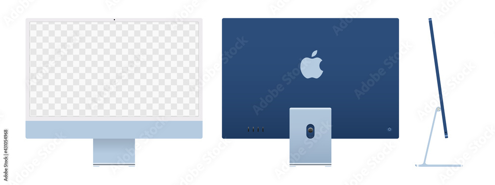 Realistic mockups of the new iMac 24 with transparent screen, blue ...