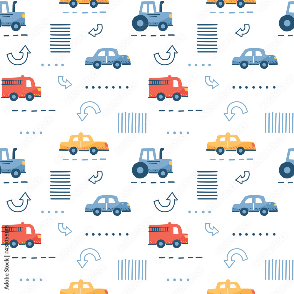 Seamless vector children pattern with cute cartoon cars, tractor, fire ...