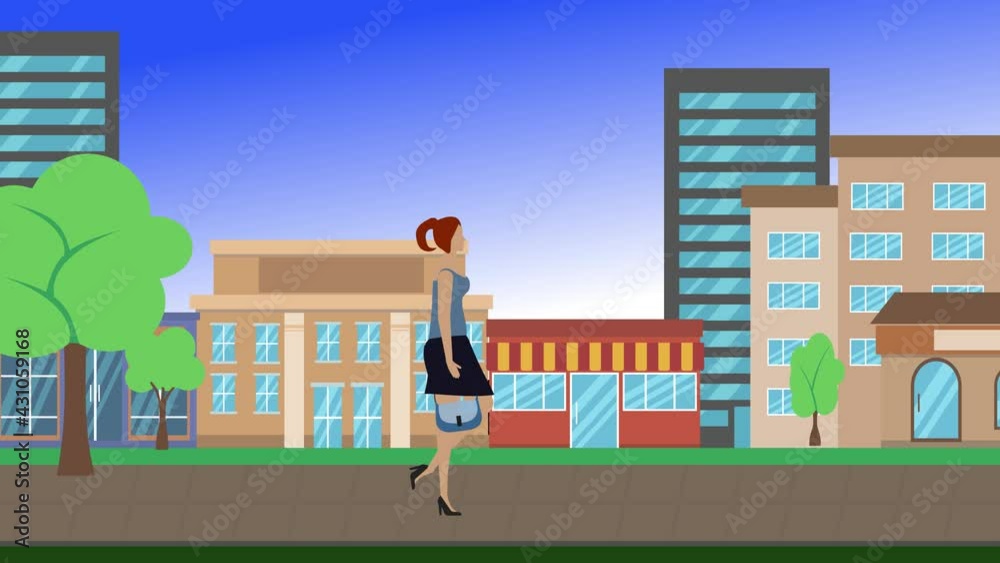women walking cycle loop around of city background, flat cartoon design ...