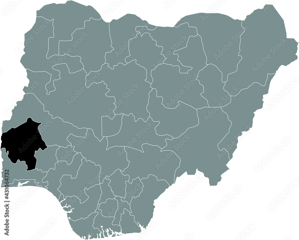 Black highlighted location map of the Nigerian Oyo state inside gray ...