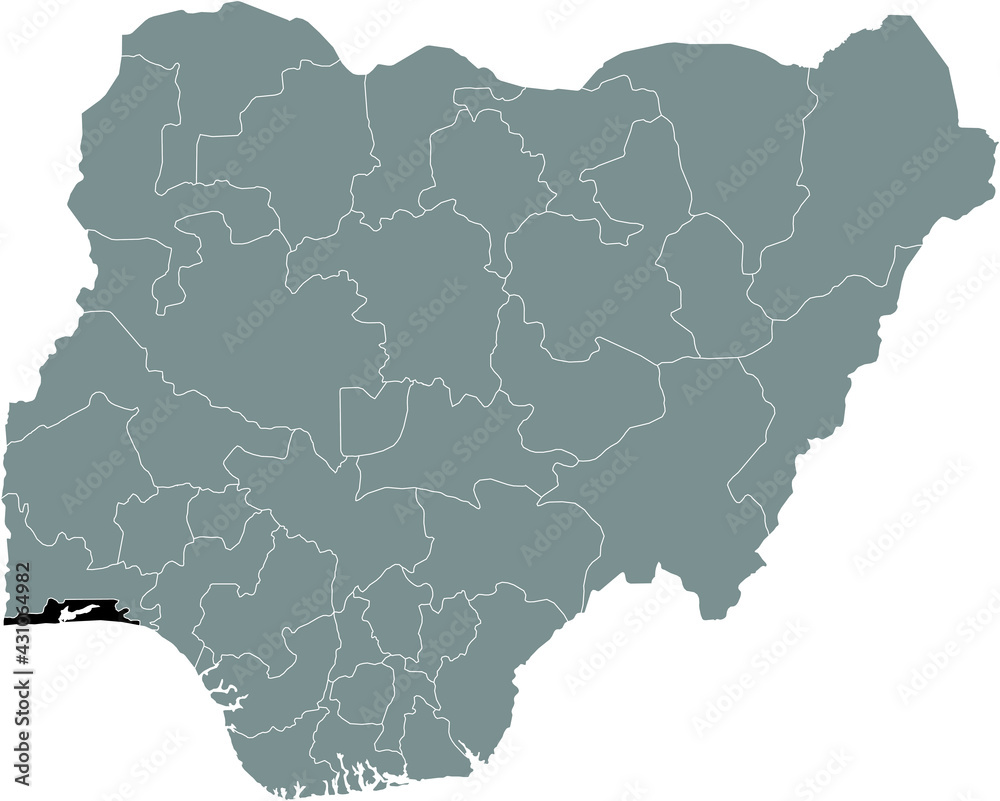Black highlighted location map of the Nigerian Lagos state inside gray ...