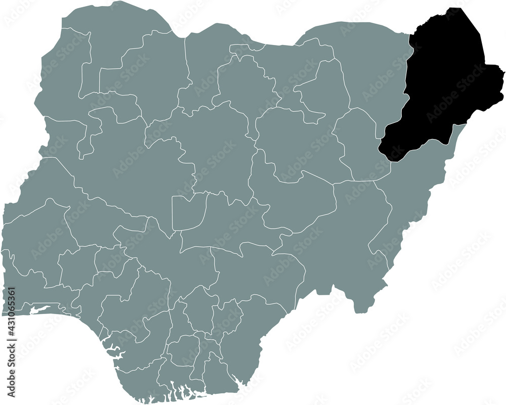 Vetor de Black highlighted location map of the Nigerian Borno state ...