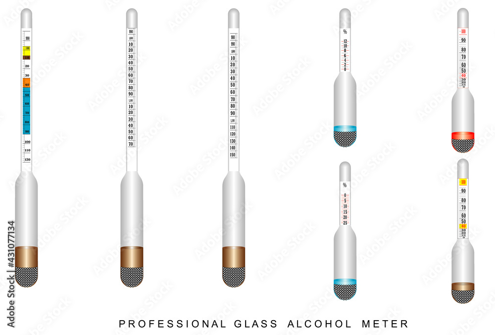 Professional glass alcohol meter. Set of glass hydrometers (alcohol ...