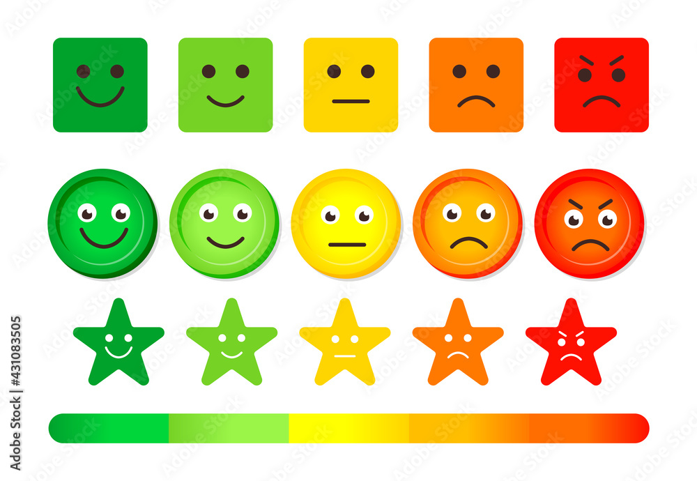 Emotion feedback scale icons or bar. Set of color emoticon indicator of ...