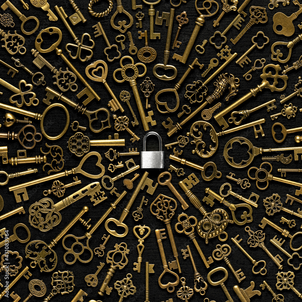 Vintage victorian style golden skeleton keys with centered around a ...