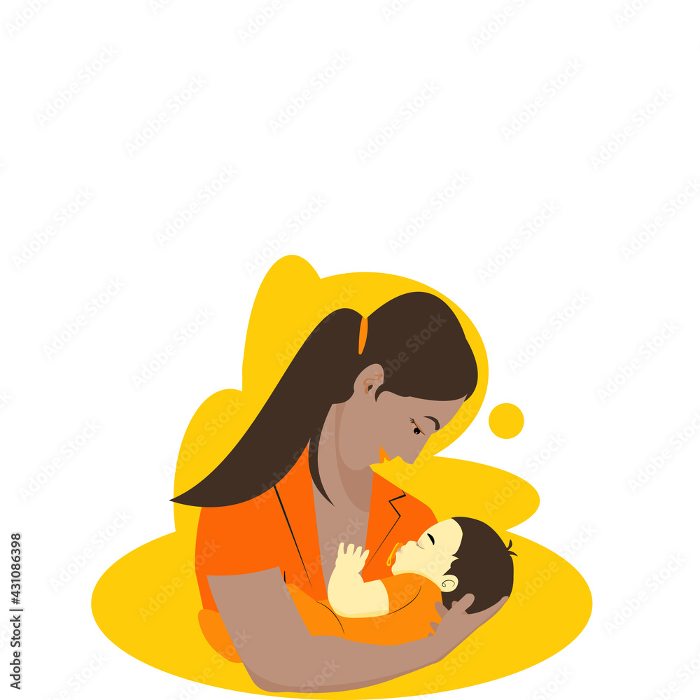 Cartoon beautiful mother wearing orange shirt is breastfeeding to her ...