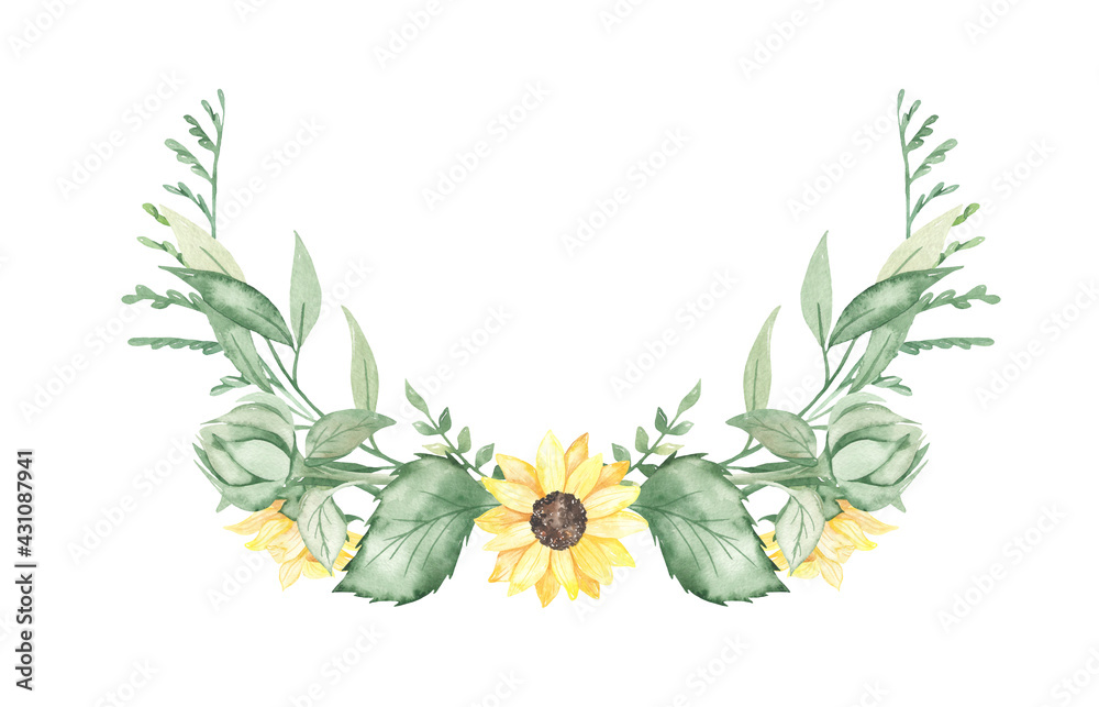 Watercolor wreath with sunflowers, leaves, foliage, greenery, buds ...