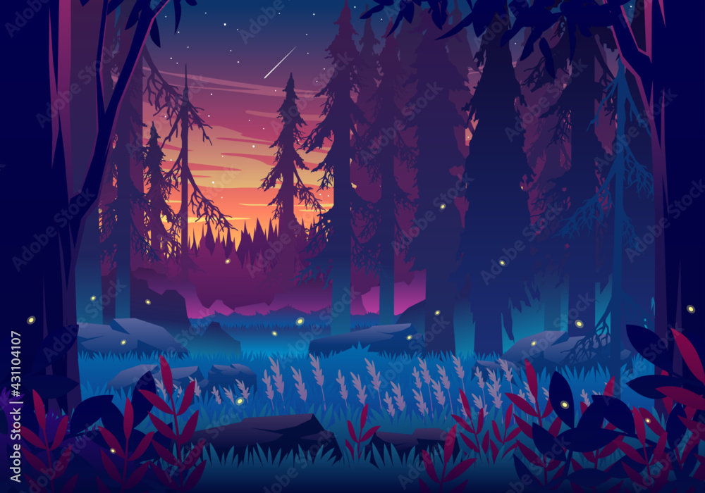 Sunset Forest Landscape Illustration Stock Vector | Adobe Stock