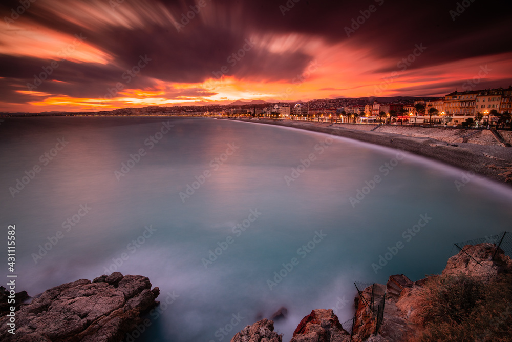 Nice, côte d'azur, Cannes, coucher de soleil, ciel, plage, soleil ...