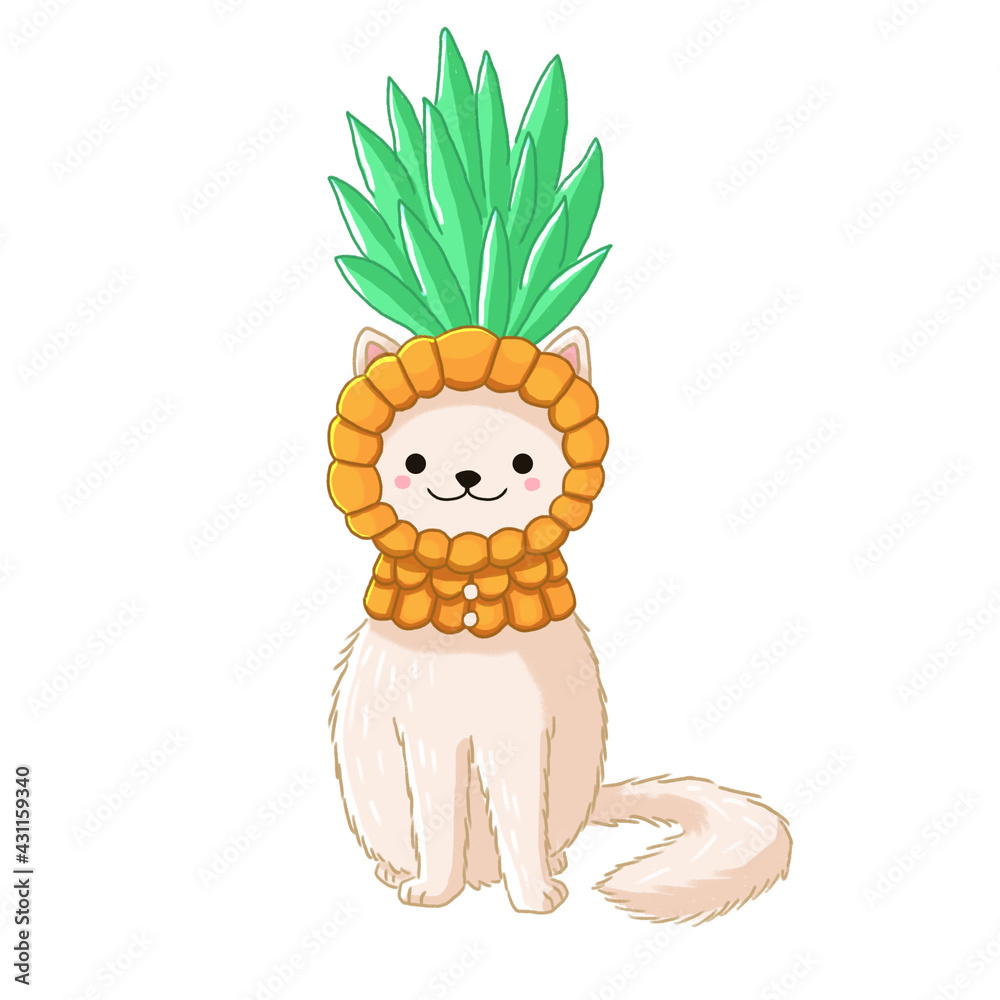 Funny cartoon illustration of a white cat wearing a pineapple hat ...