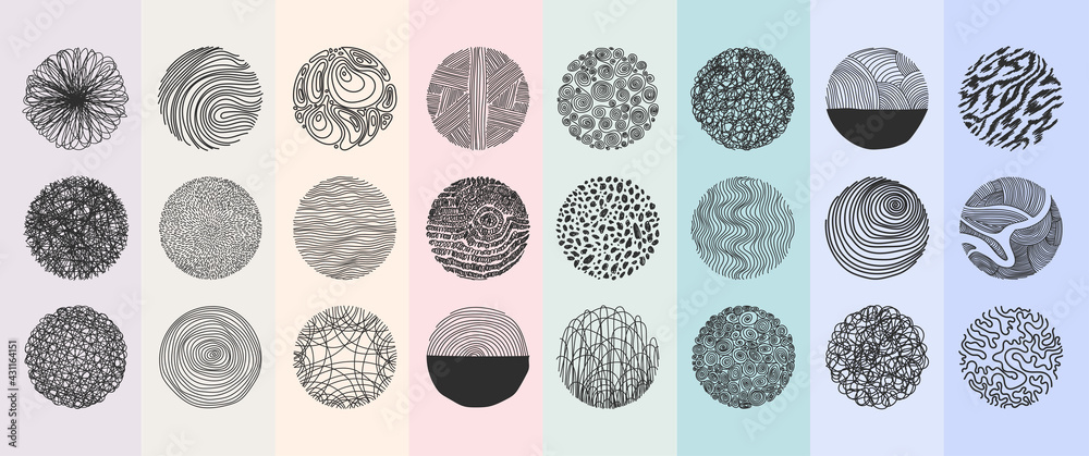 Set of hand drawn round abstract black and white backgrounds or ...