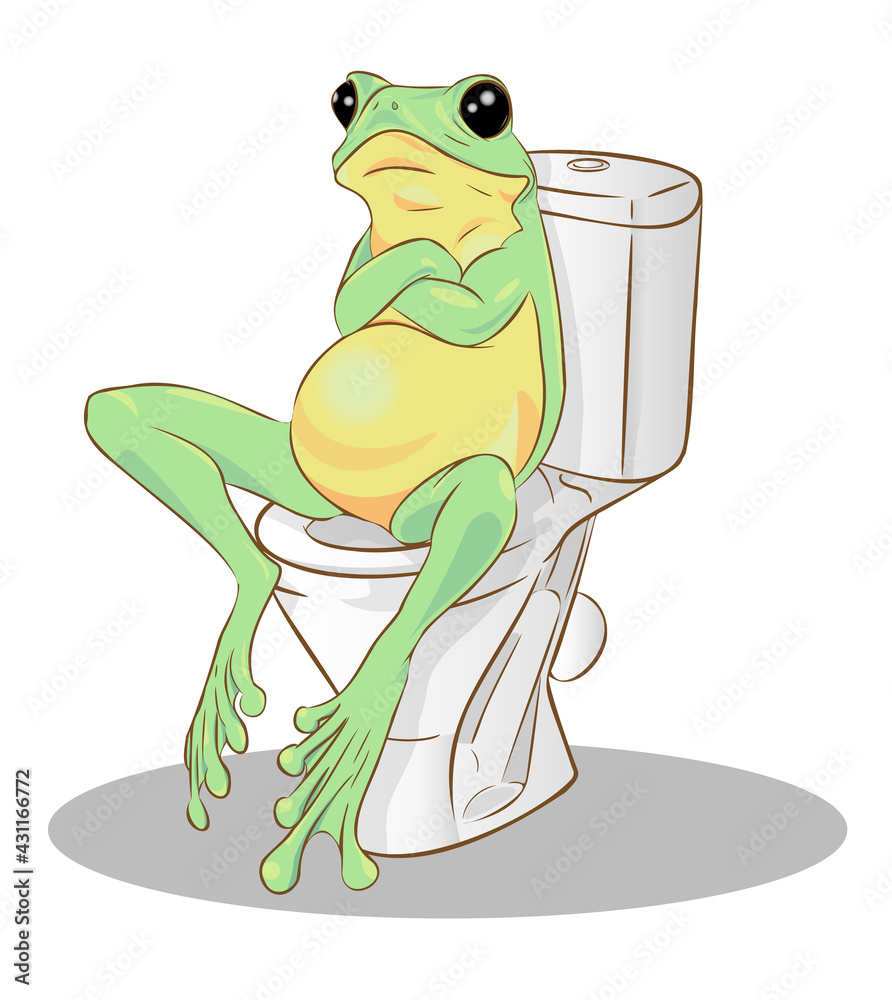 A pensive green frog sits on the toilet with its arms crossed over its ...