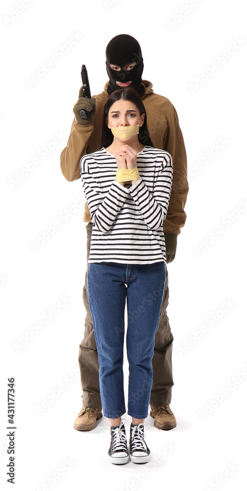 Terrorist with female hostage on white background Stock Photo | Adobe Stock