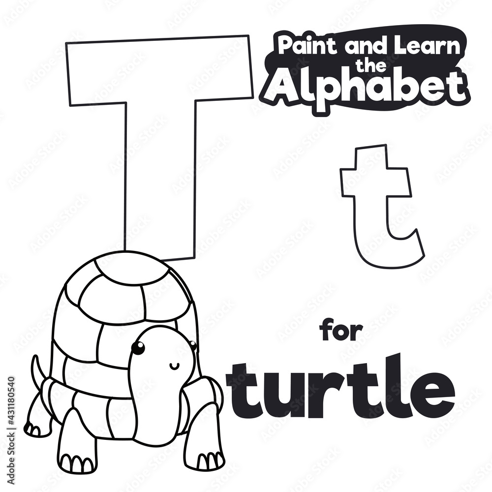 Didactic Alphabet to Color it, with Turtle and Letter T, Vector ...