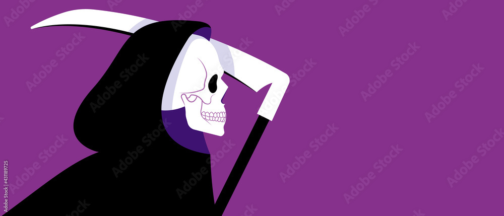 Grim Reaper in black cloak. Vector illustration with copy space. Banner ...