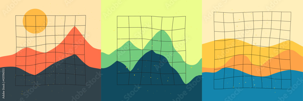 Vector illustration. Mountain peak, green hill, beach by sea. Line grid ...