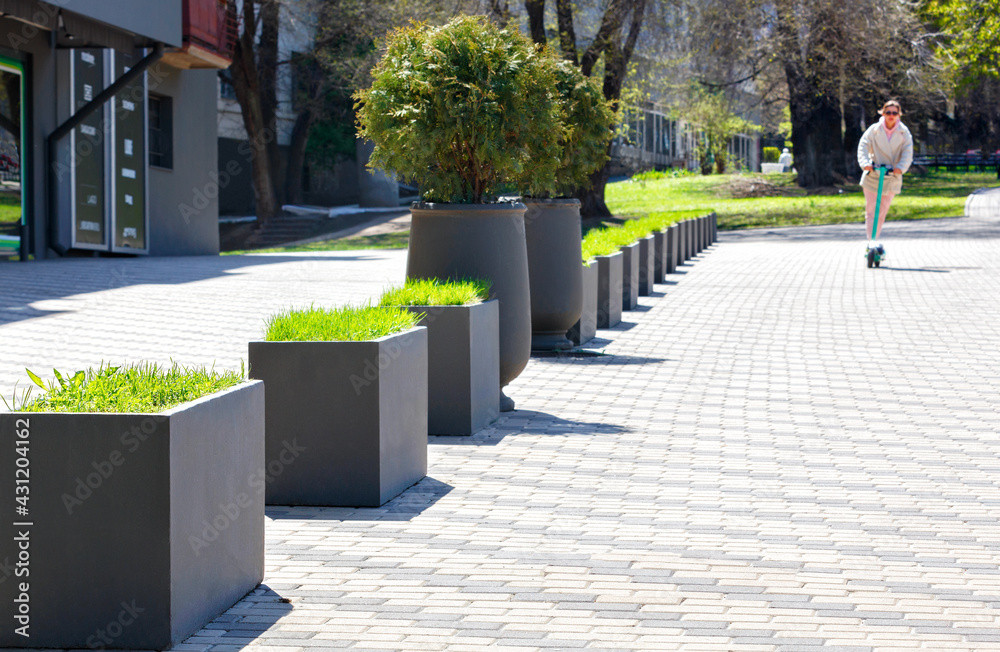 A beautiful sidewalk path decorated with concrete street vases with ...