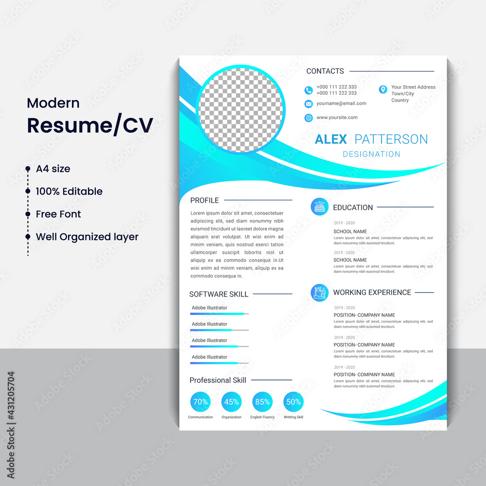 Clean Resume /CV Template; Modern Resume/CV Vector Template; A4 size ...