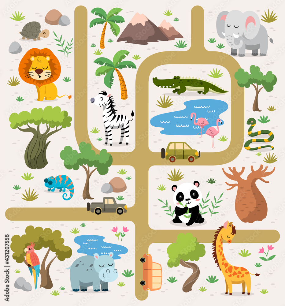 Tropical maze with animals in safari park Stock Vector | Adobe Stock