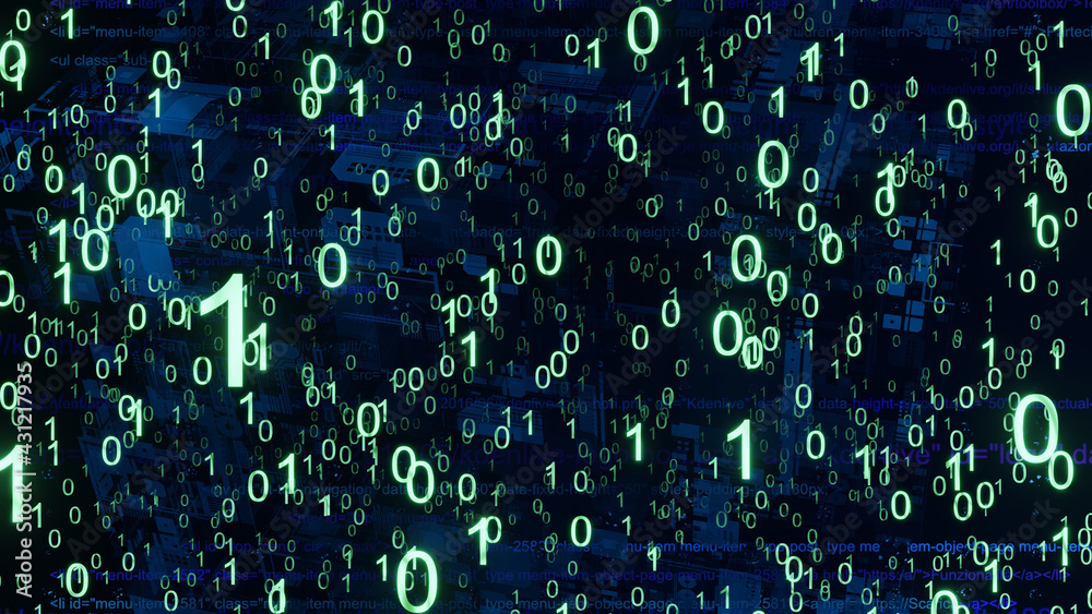 Green digital bits composed by binary code 0 and 1 are scattered ...