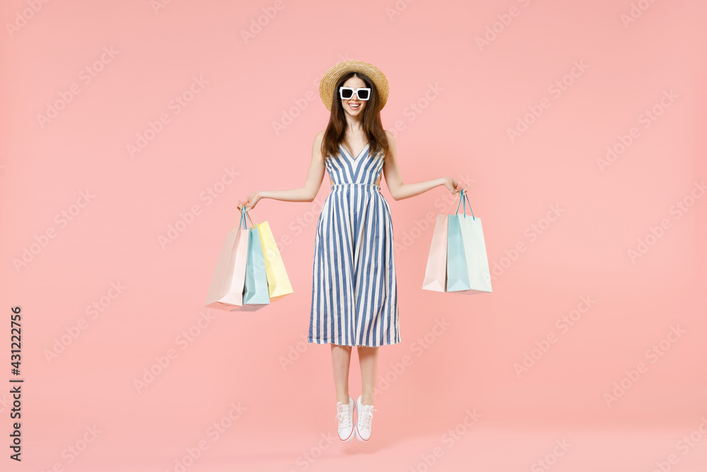 Full Length Young Happy Smiling Woman Wearing Summer Clothes Striped