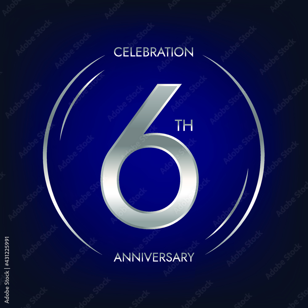 6th anniversary. Six years birthday celebration banner in silver color ...