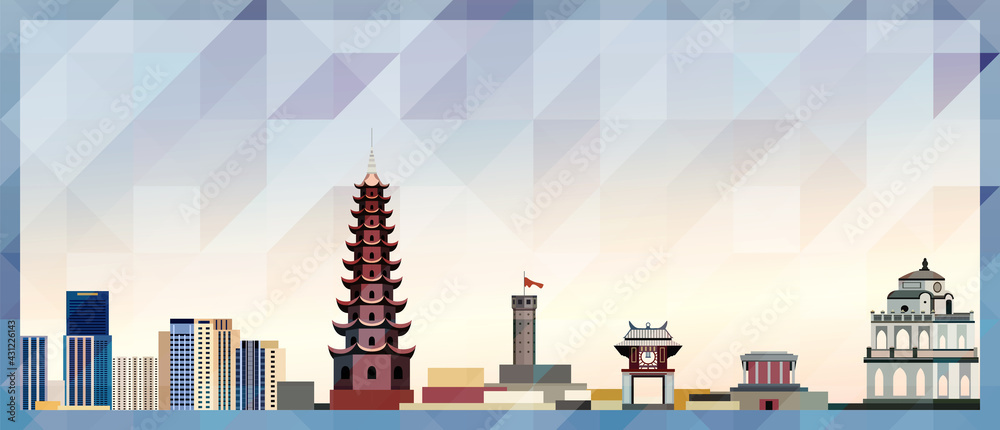 Hanoi skyline vector colorful poster on beautiful triangular texture ...