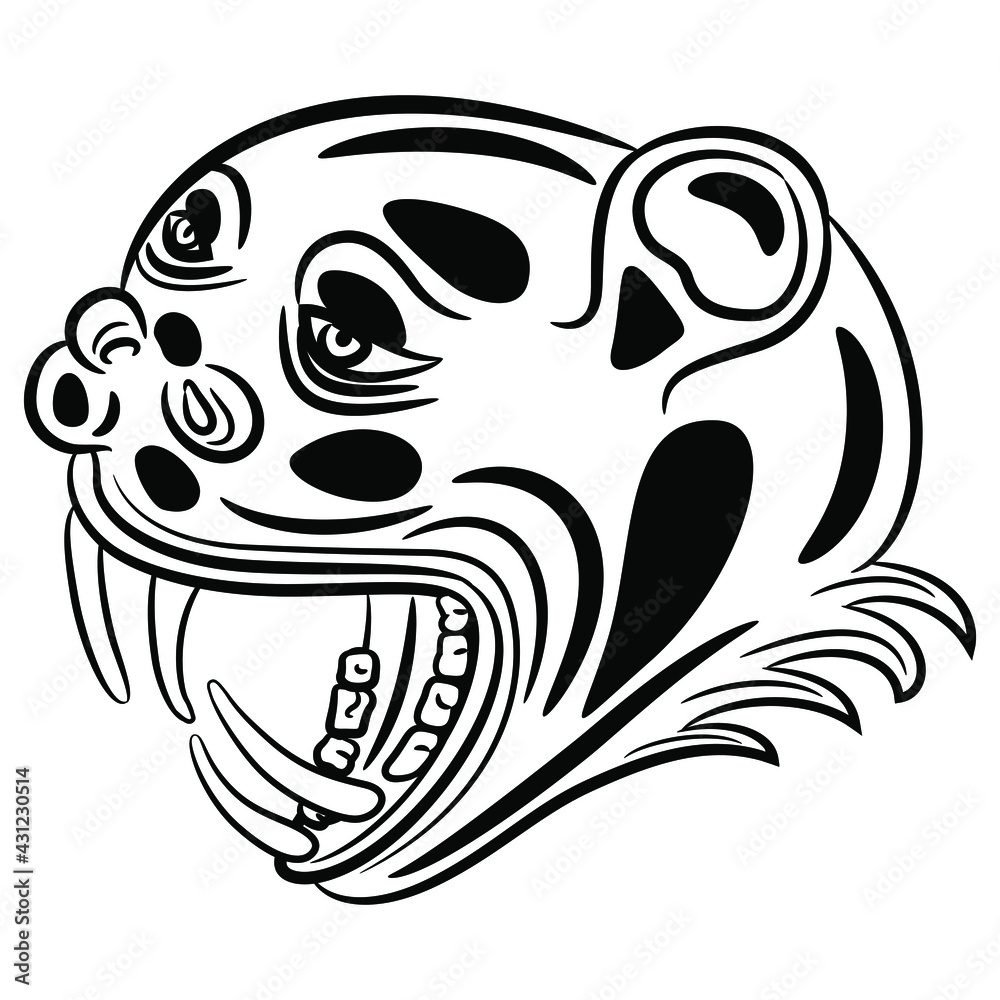 Head of fantastic snarling monster animal. Medieval demon or devil with ...