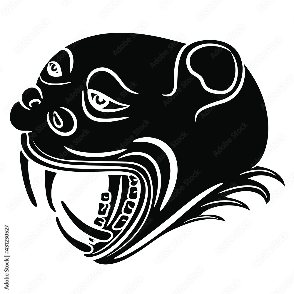 Head of fantastic snarling monster animal. Medieval demon or devil with ...