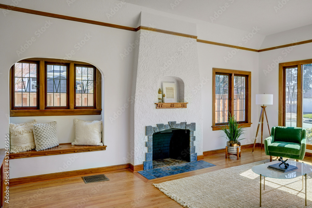 living room interior with a cozy fireplace in a bright, light filled ...
