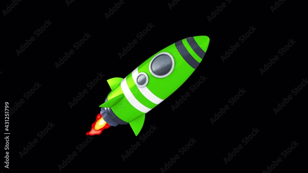 3D Flying Green Space Rocket. Cartoon animation on transparent ...