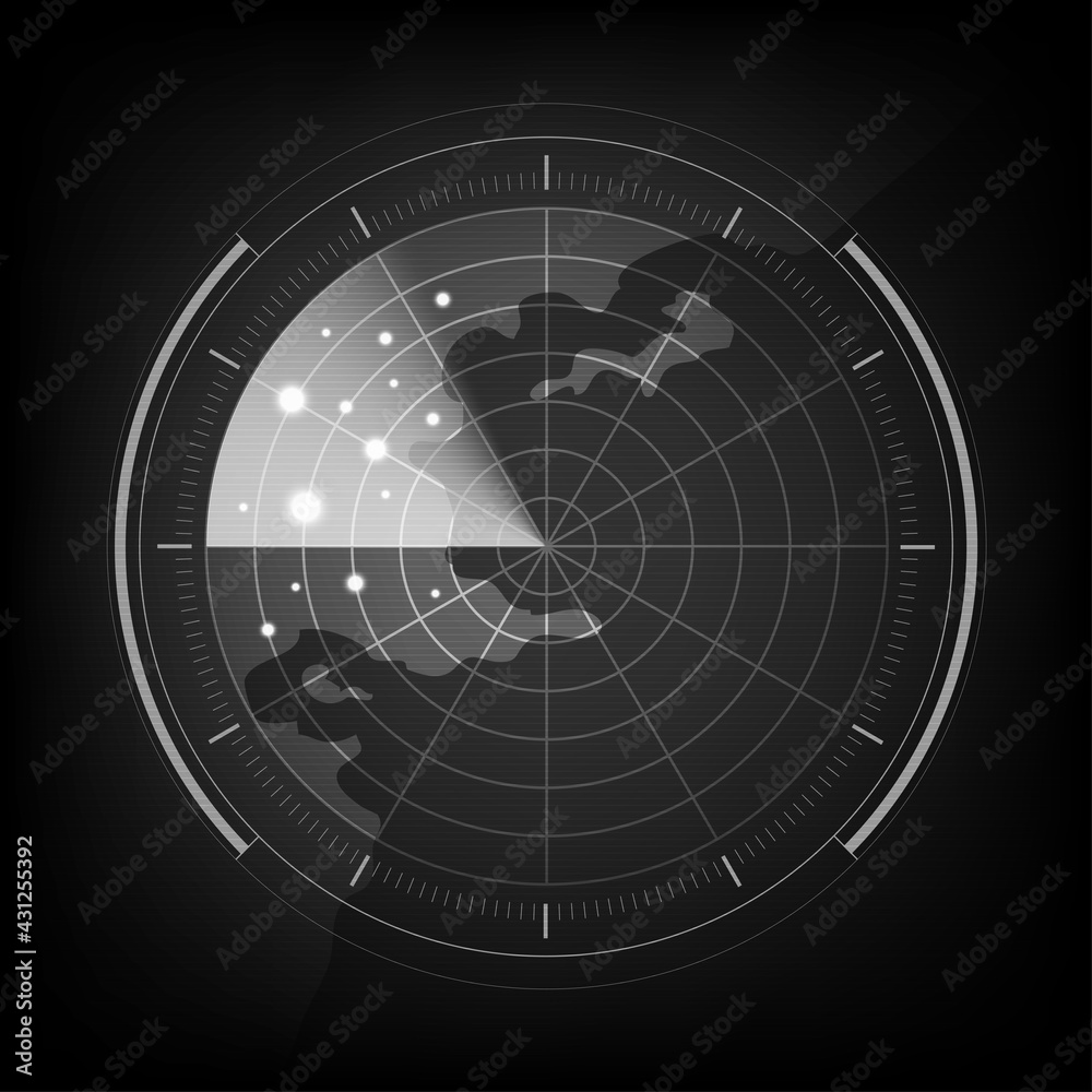 Digital black and white realistic radar screen, Abstract radar with ...