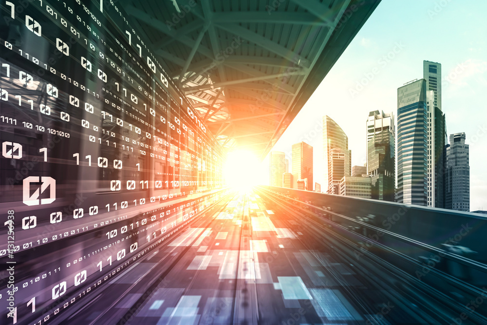 Digital data flow on road with motion blur to create vision of fast ...