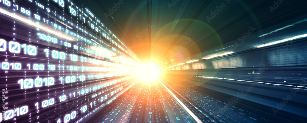 Digital data flow on road with motion blur to create vision of fast ...