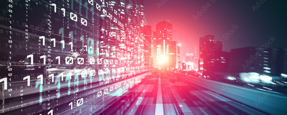 Digital data flow on road with motion blur to create vision of fast ...