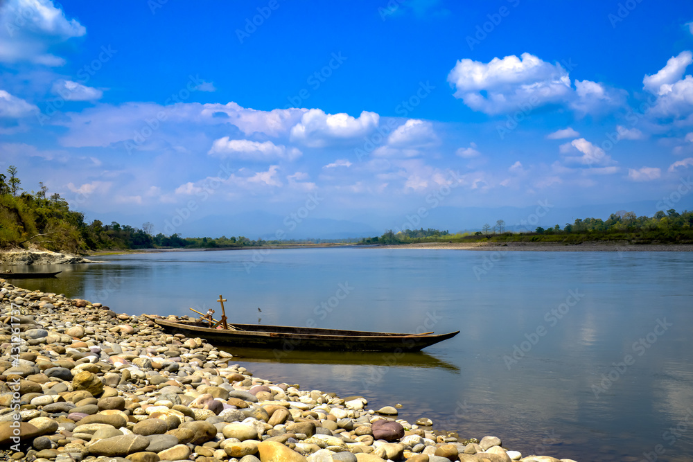 Boat on the river. Landscape scenic view of the wide river, Jia ...