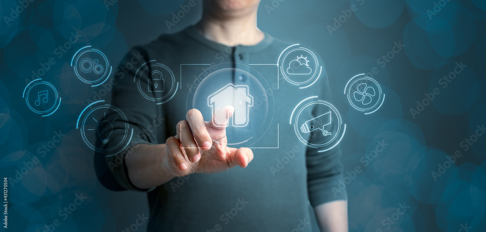 Man controlling smart home automation assistant on as a virtual screen ...