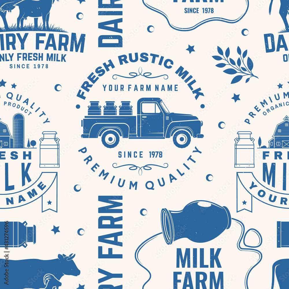 Milk farm seamless pattern or background. Vector Seamless dairy farm ...