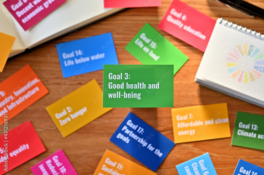 There is a card with the statement Goal 3: Good health and well-being ...